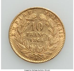 Napoleon III gold 10 Francs 1864-A VF (surface hairlines) – Powell Coins